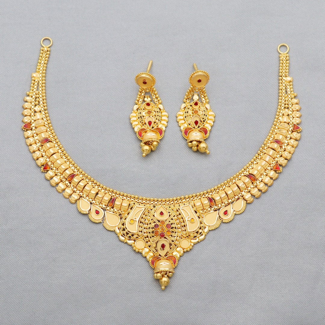 22k Yellow Gold Necklace Set Indian Gold Set Indian Gold - Etsy