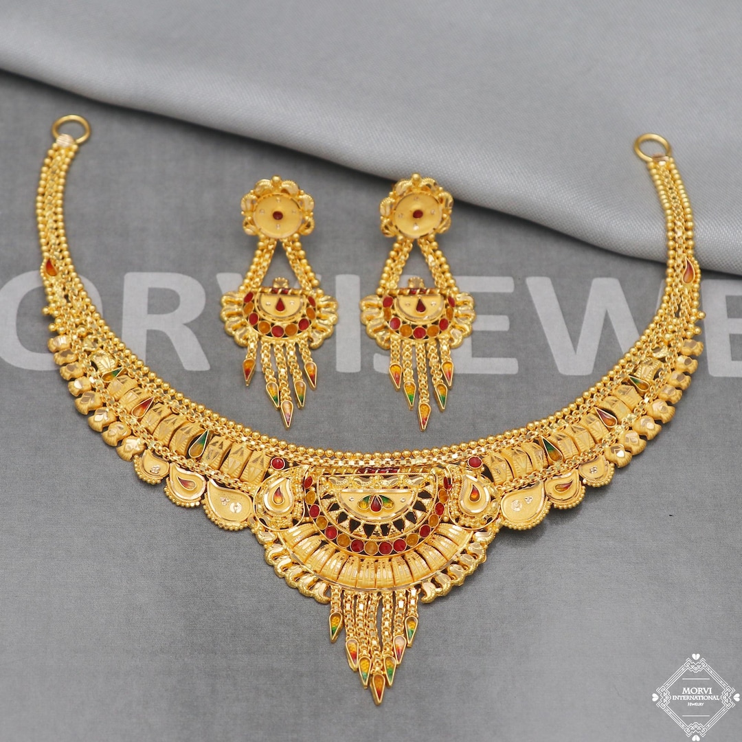22k Yellow Gold Necklace Earrings Set, Indian Gold Wedding Jewelry Set, Handmade Gold Set ...