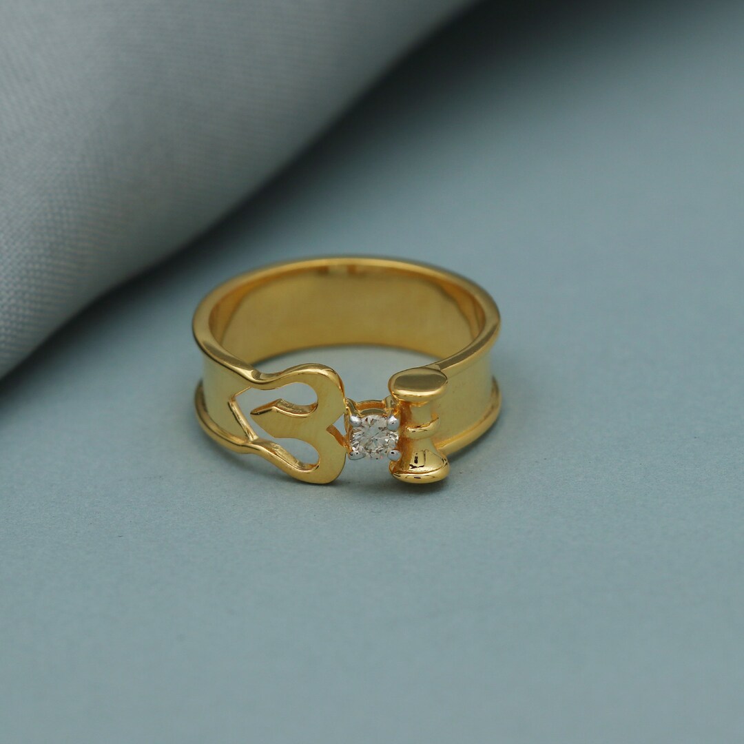 Trishool Shiva 18k Yellow Gold Ring , Single Diamond Ring, Lord Shiva ...