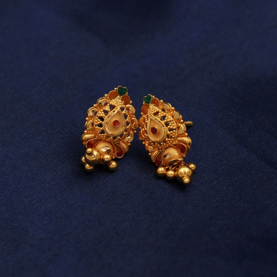 morvijewels 22K Gold Stud Earrings with Dangling Handmade Yellow Gold Earrings for Women Vintage Antique Design Indian Gold Earrings Jewelry