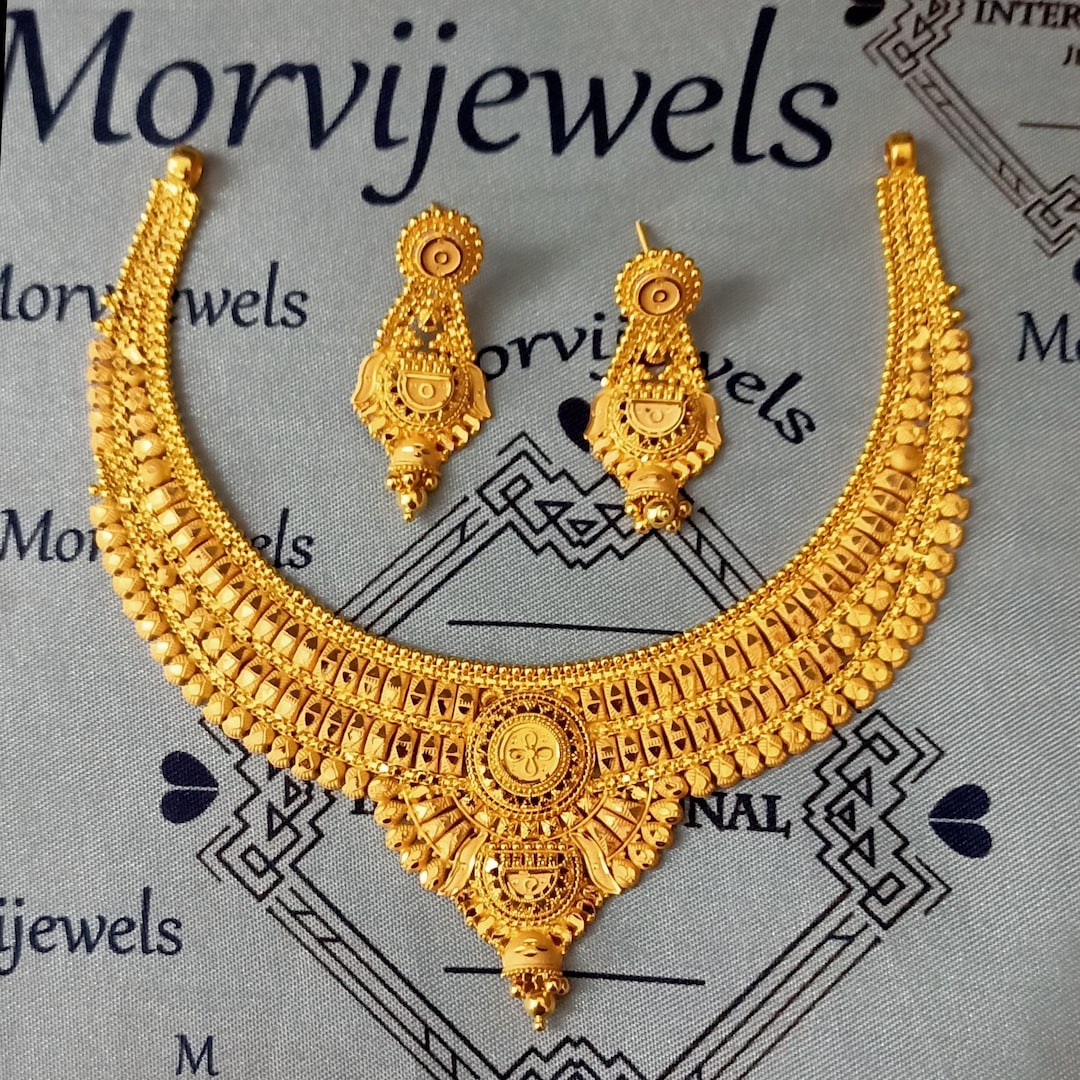 22k Yellow Gold Necklace Set, Indian Gold Set, Indian Gold Jewelry ...