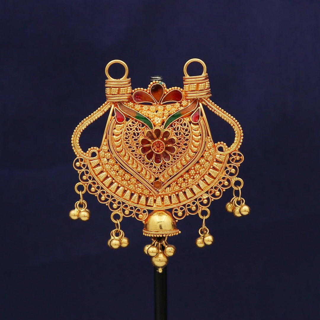 22k Yellow Gold Amulet Pendant With Dangling Gold Beads Enamel Work ...