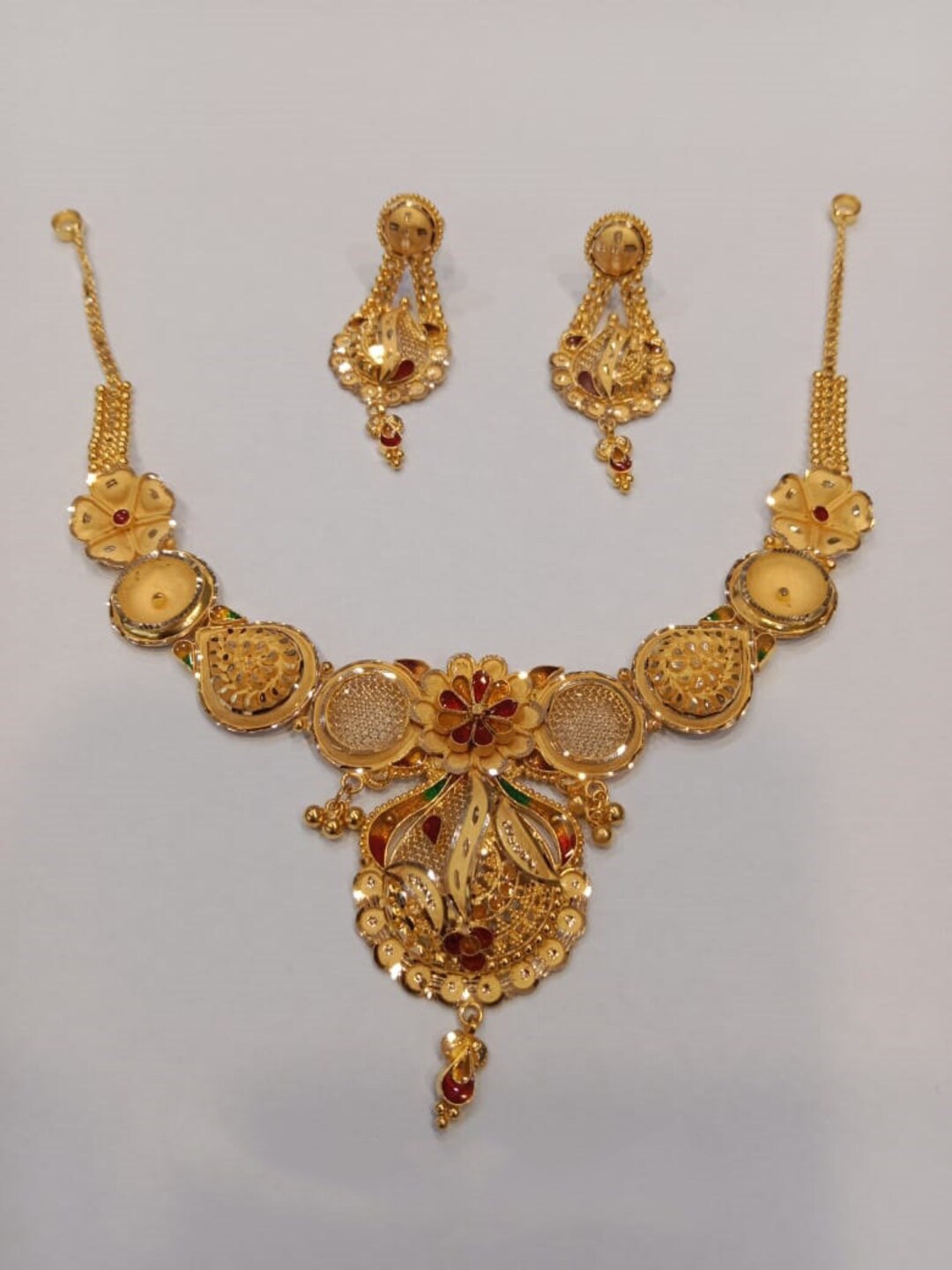 22k Yellow Gold Necklace Set, Indian Gold Set, Indian Gold Jewelry ...