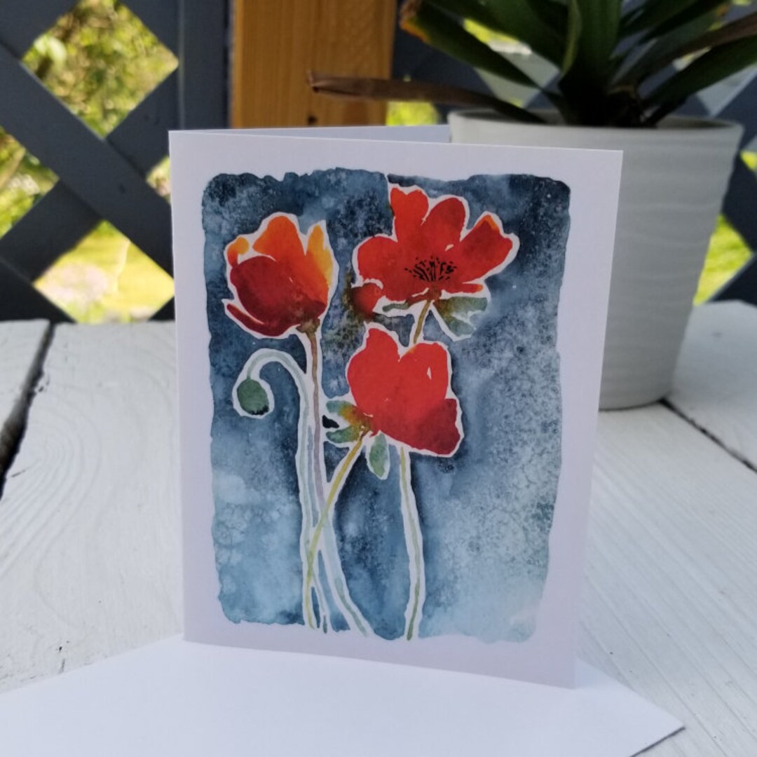 Poppy Flowers Hand Painted Watercolor All Occasion Greeting Card, Blank ...