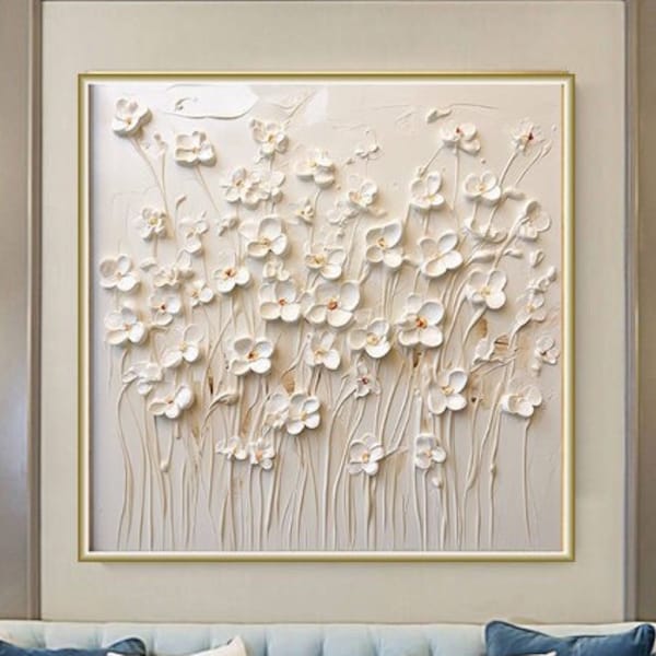 3D Original Flower Painting on Canvas Creamy Textured Wall Art Abstract Floral Art Living Room ...