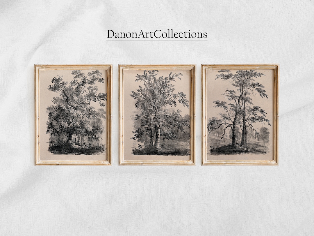 Rustic Landscape Sketch SET of Three | Neutral Antique Tree Sketches ...