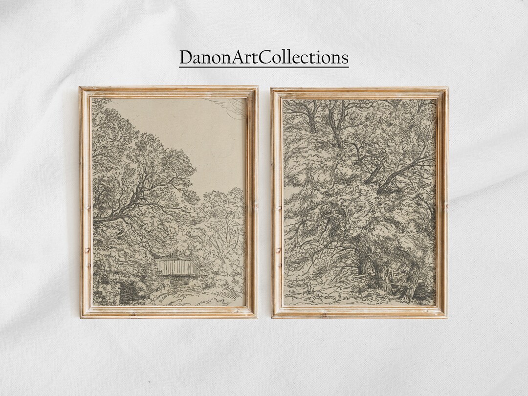 Woodland Landscape - a Set of 2 Vintage Etchings, DIGITAL DOWNLOAD ...