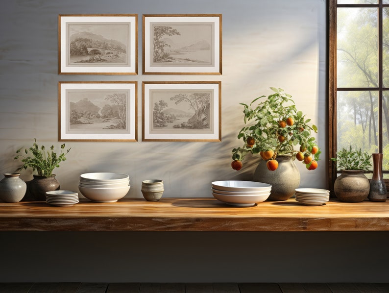 Vintage Neutral Landscape Sketches Gallery Set of 4 , Aesthetic Decor ...