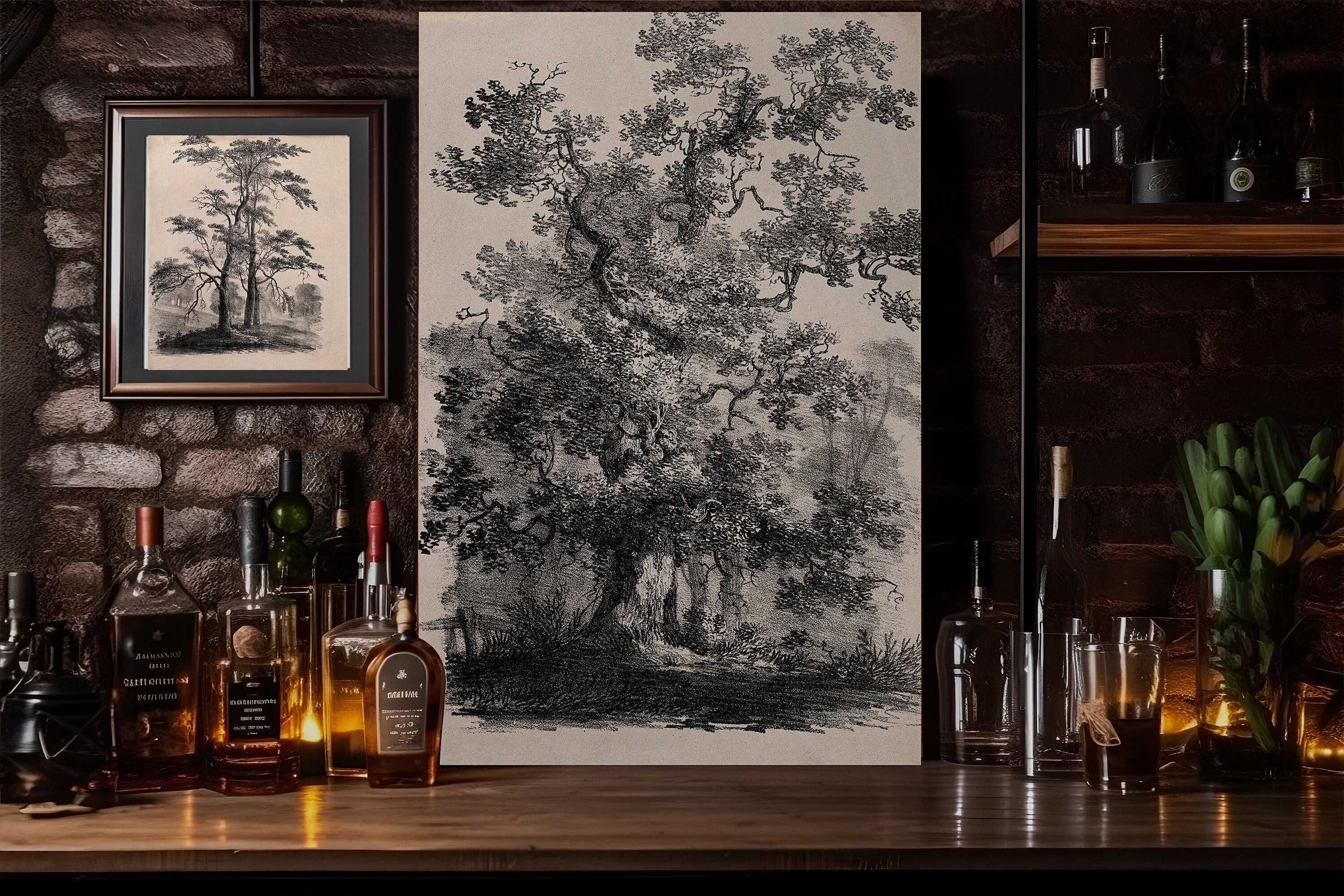 Rustic Landscape Sketch SET of Three Neutral Antique Tree Sketches ...