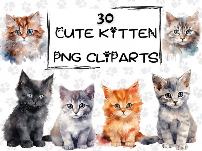 30 Watercolor Cute Kitten Pack, Baby Cat Clipart, Clipart for ...