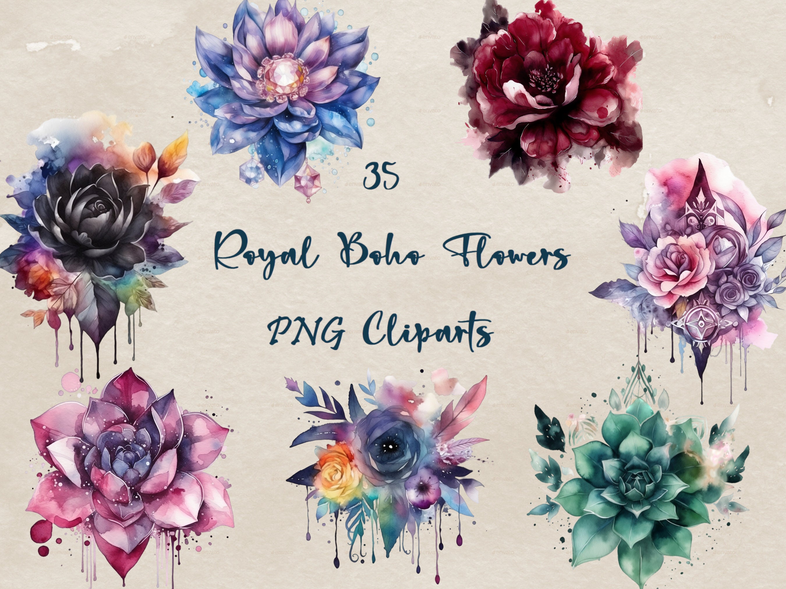 35 PNG Royal Boho Flower Clipart, Watercolor Clipart, Floral Clipart ...