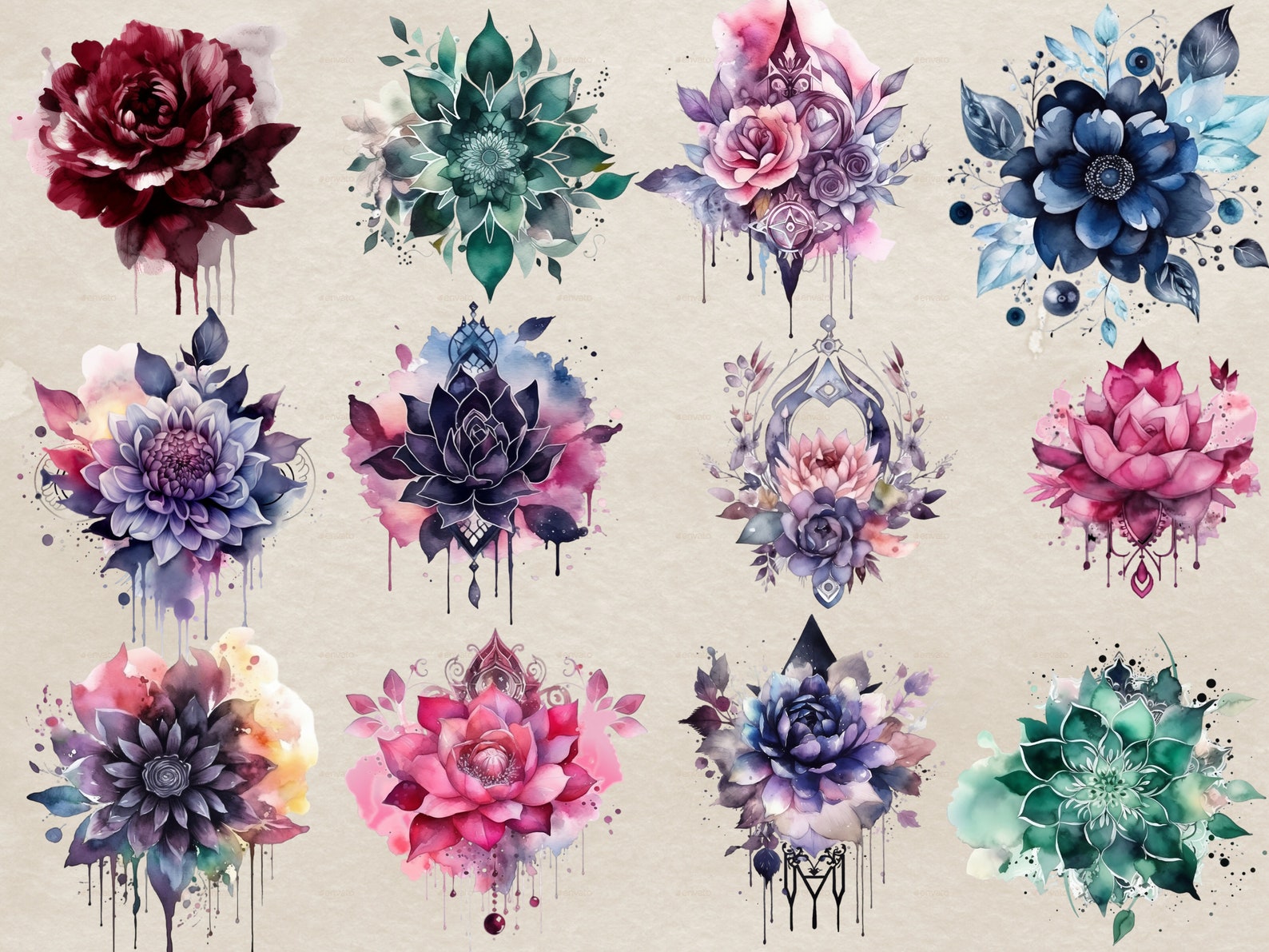 35 PNG Royal Boho Flower Clipart, Watercolor Clipart, Floral Clipart ...