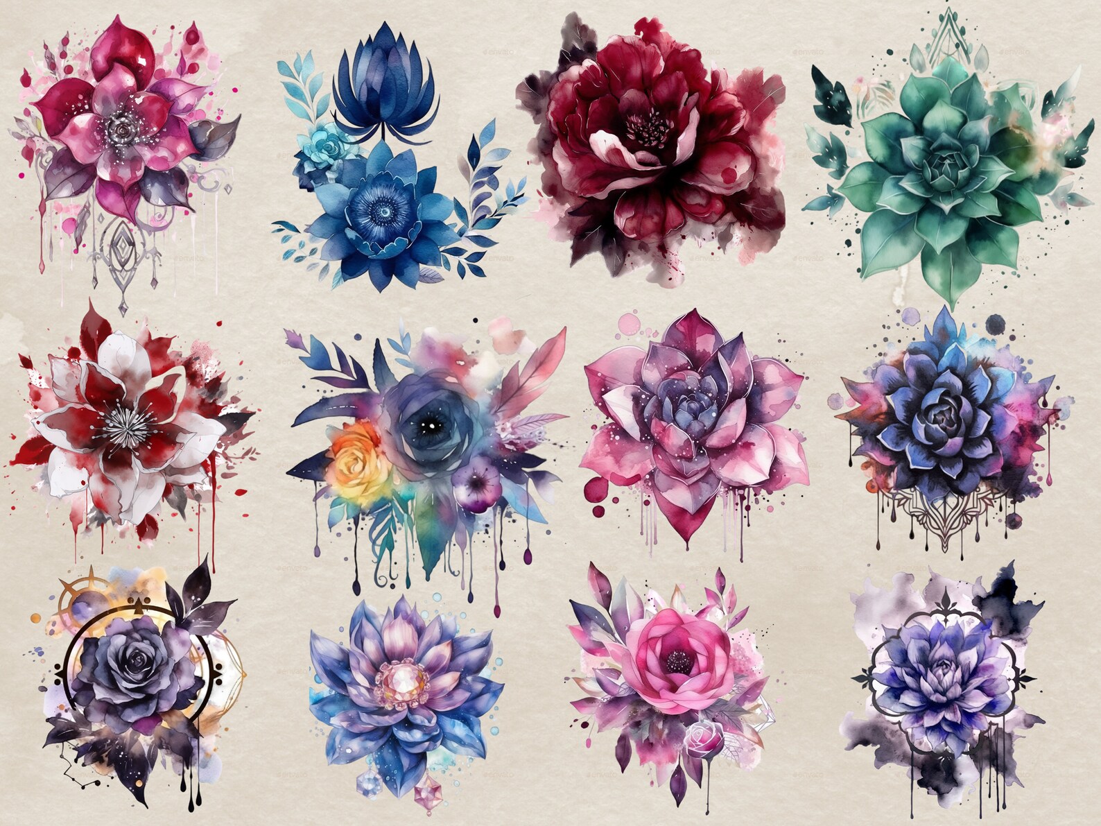 35 PNG Royal Boho Flower Clipart, Watercolor Clipart, Floral Clipart ...