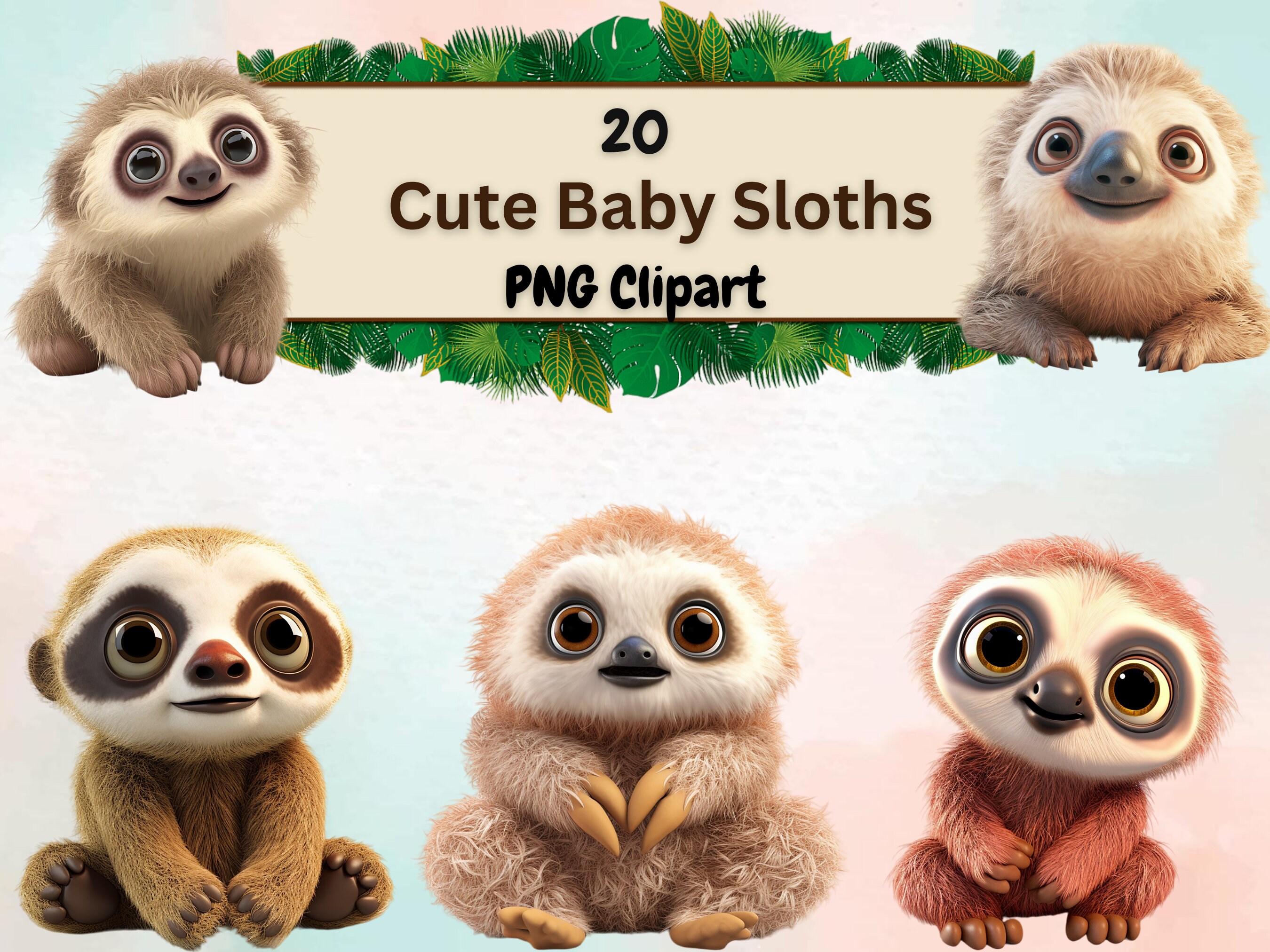 20 Sweet Little Baby Sloth Clipart, Baby Sloth With Big Eyes, Cartoon ...