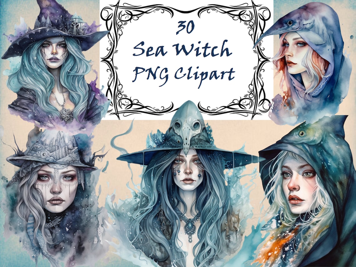 30 Sea Witch Watercolor Clipart, Fantasy Gothic PNG Bundle (commercial ...