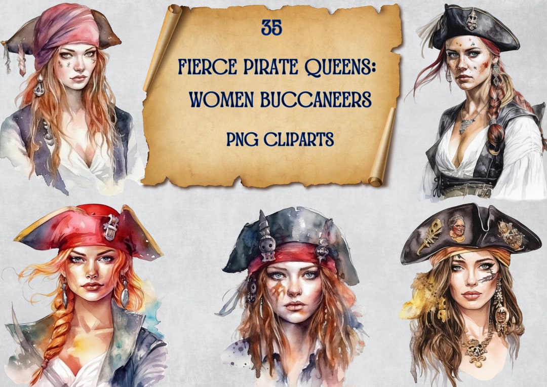 Pirate Queens Clipart: 35 Women Buccaneers, Watercolor PNG Bundle ...