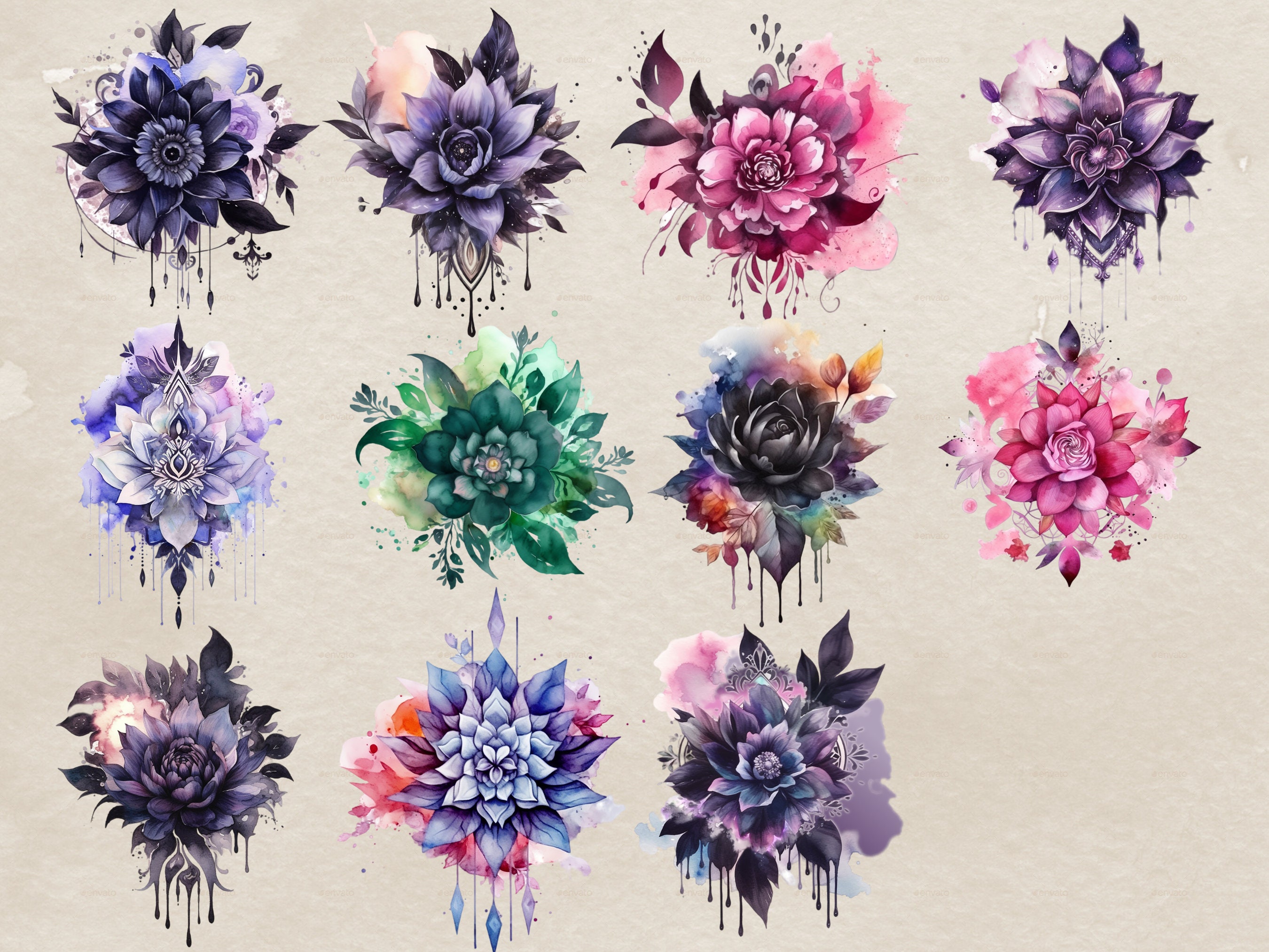 35 PNG Royal Boho Flower Clipart, Watercolor Clipart, Floral Clipart ...