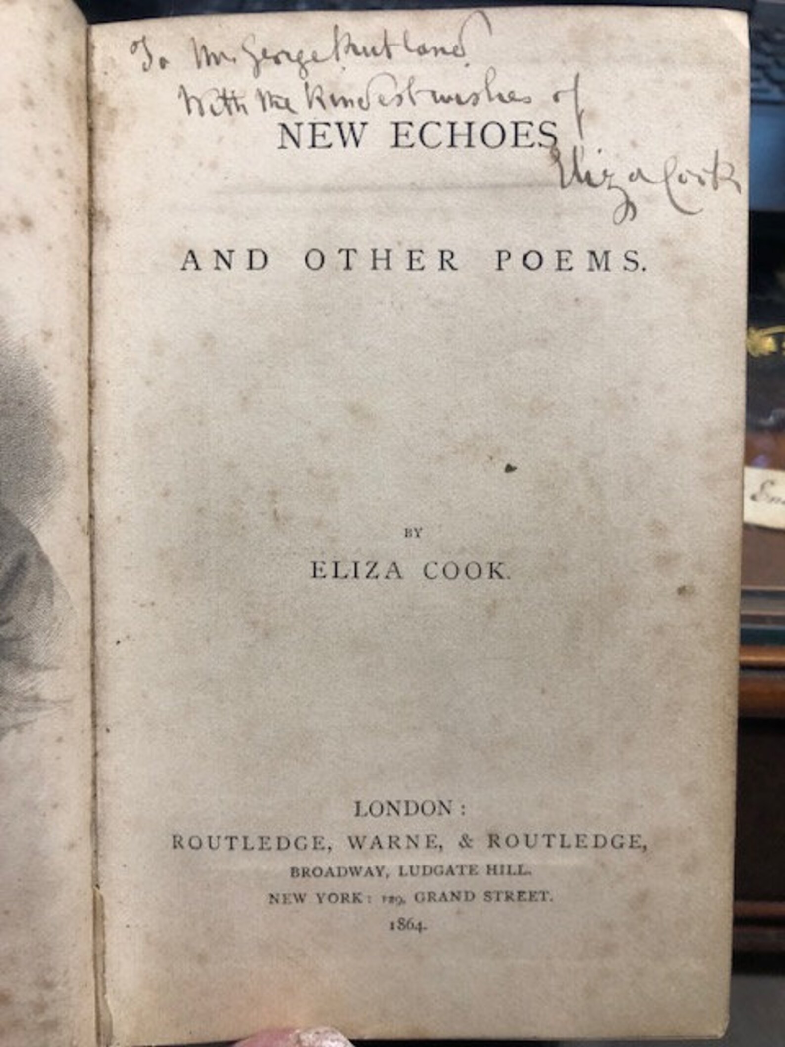 1864. Cook, Eliza. Signed, Tipped in Letters. Beautiful Presentation ...
