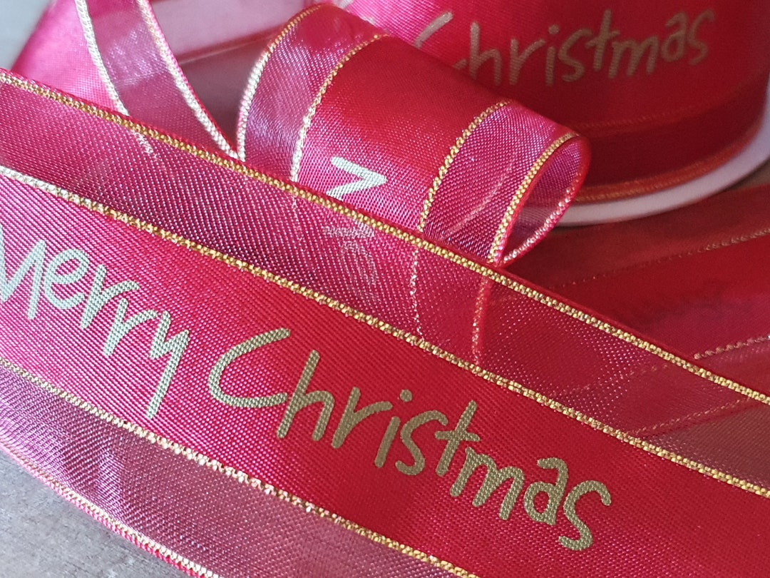Red and Gold MERRY CHRISTMAS SATIN Ribbon Sheer Ribbon 38mm Wide ...