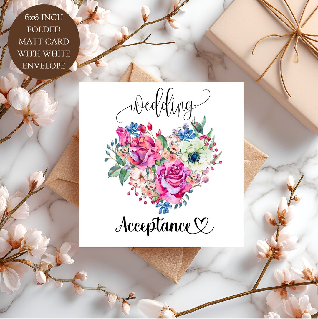 Wedding Acceptance Card. Delighted to Accept Card. Floral Heart Wedding ...