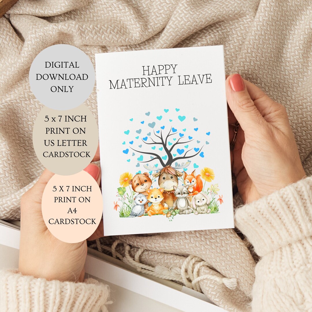 Happy Maternity Leave Card. New Baby Card Woodland Animals Folded Blue ...
