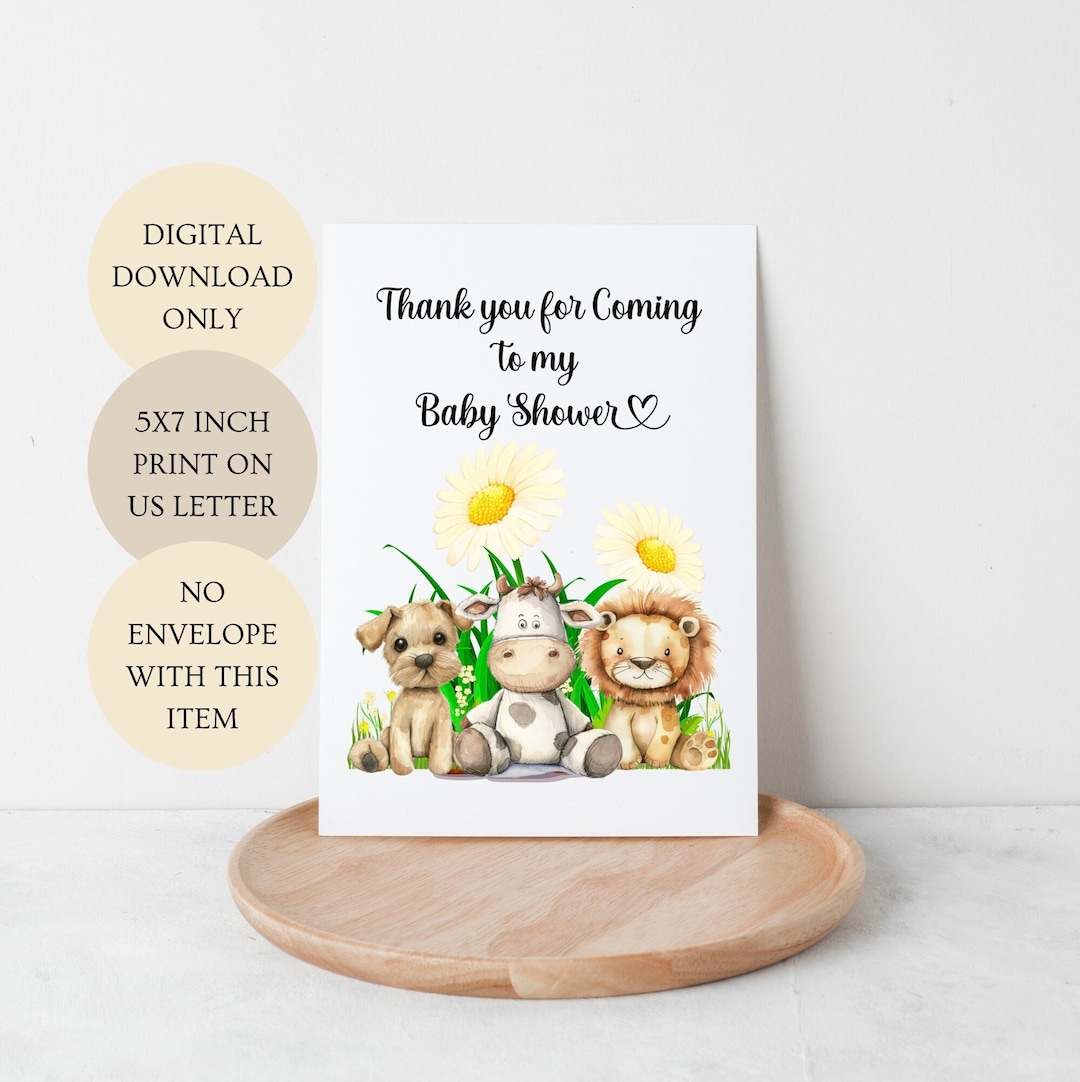 Gender Neutral Baby Shower Thank You Card: Animals, Flowers (digital ...