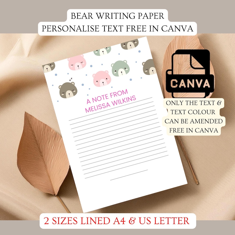 Personalized Baby Teddy Bear Writing Paper: US Letter & A4 (digital ...