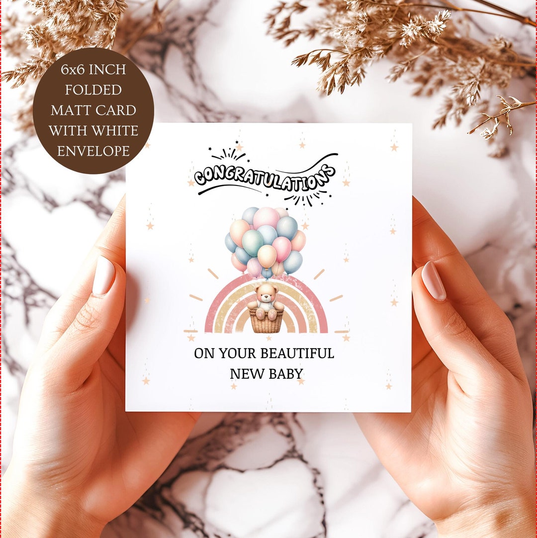 New Baby Congratulations Card, Neutral Balloons, Rainbow Teddy - Etsy