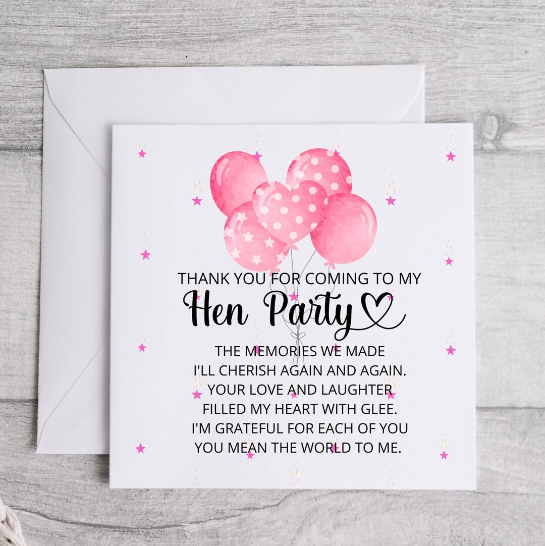Thank You for Coming to My Hen Party Poem Card. Pink Balloons Bridal ...