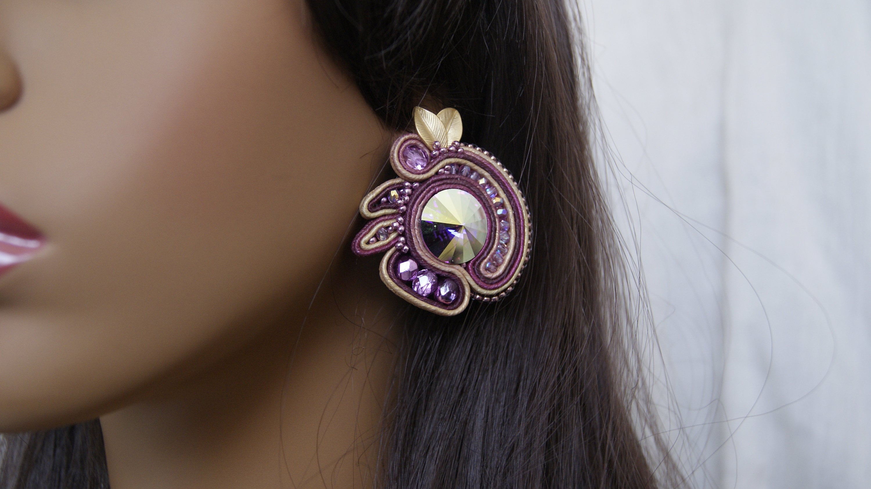 Beaded and Soutache Earrings With 18 Mm Swarovski Rivoli. Elegant and ...