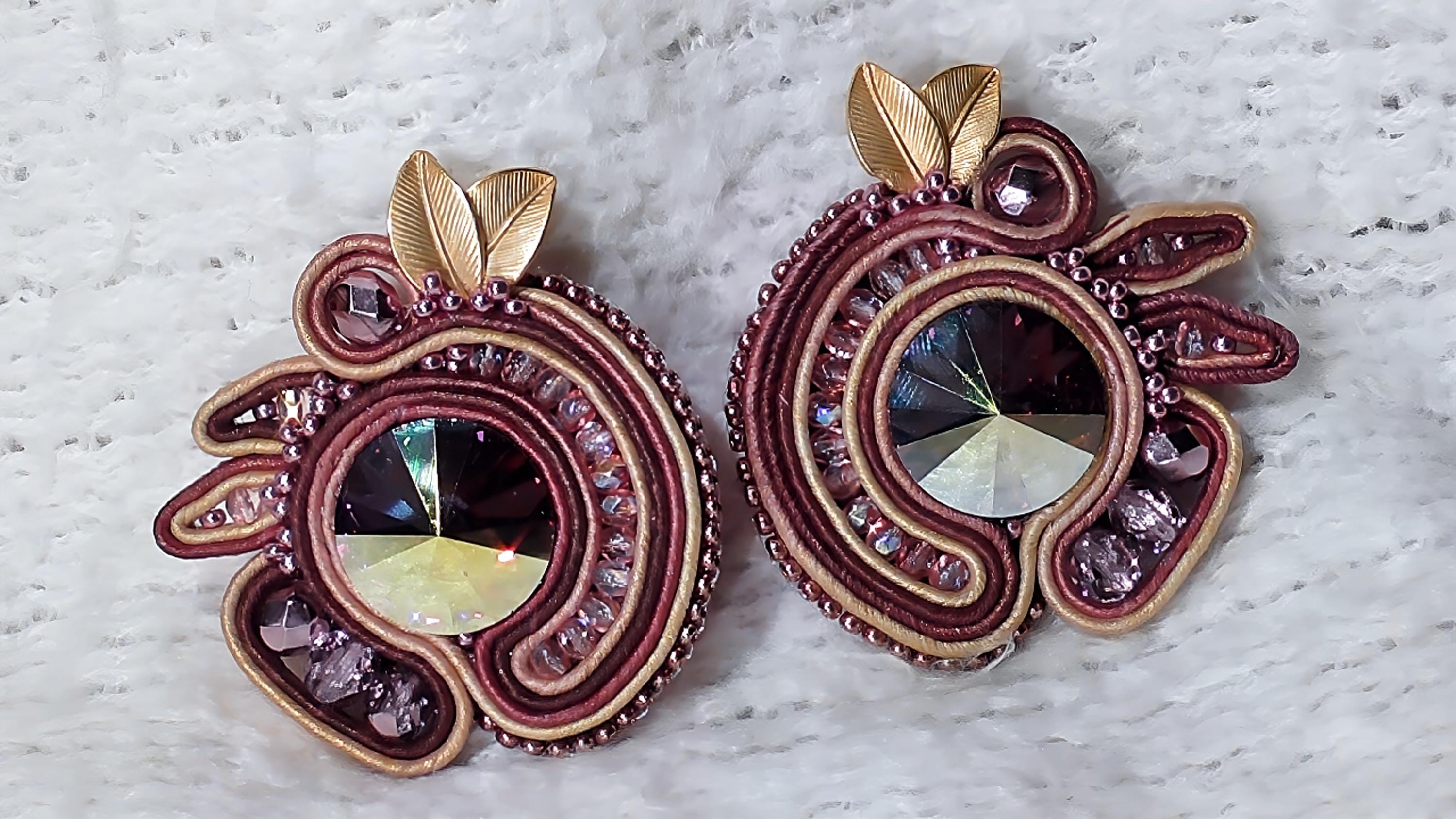 Beaded and Soutache Earrings With 18 Mm Swarovski Rivoli. Elegant and ...