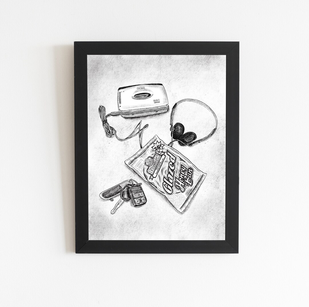 8x10 Honeybun, Keys, Walkman Digital Art Print, Black & White Pencil ...
