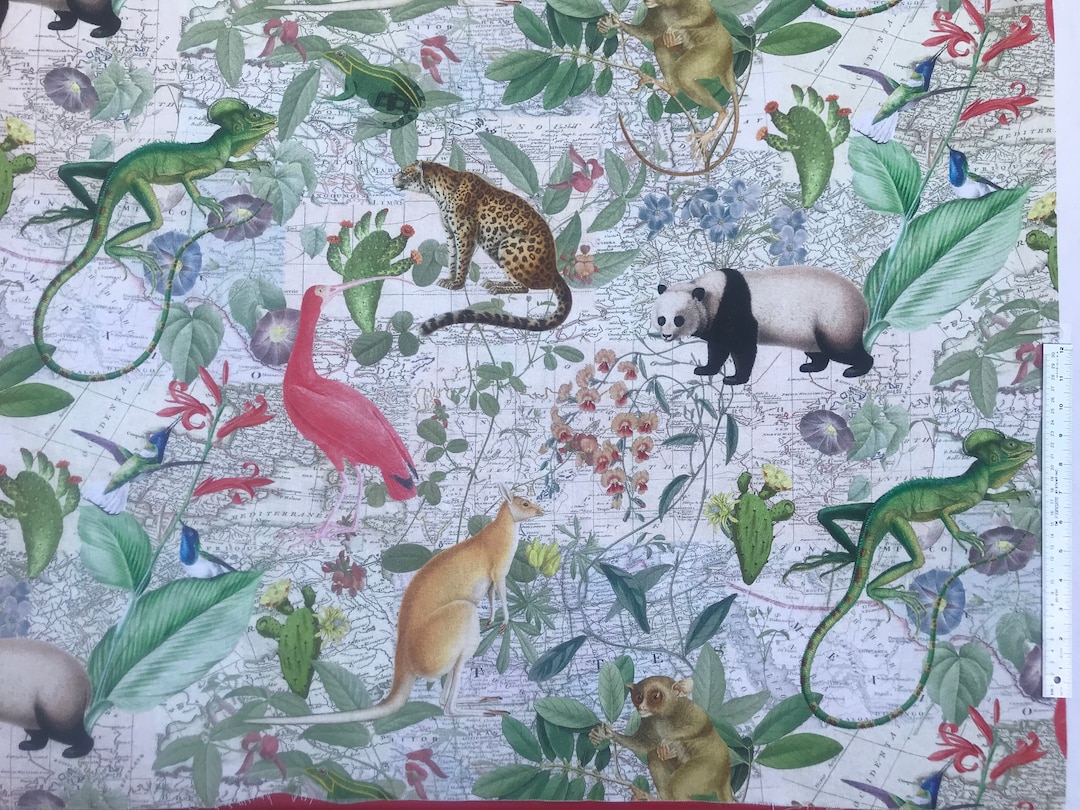 Cut off Piece ca. 35cm 95cm Fabric Maps, Animals, Multicoloured Sewing ...