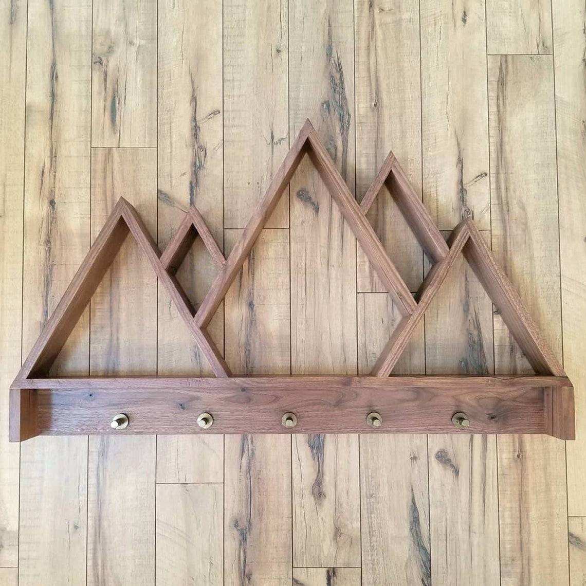 5 Peak Wood Mountain Shelf With Hanging Posts 42X24.5X3. Geometric Wall ...