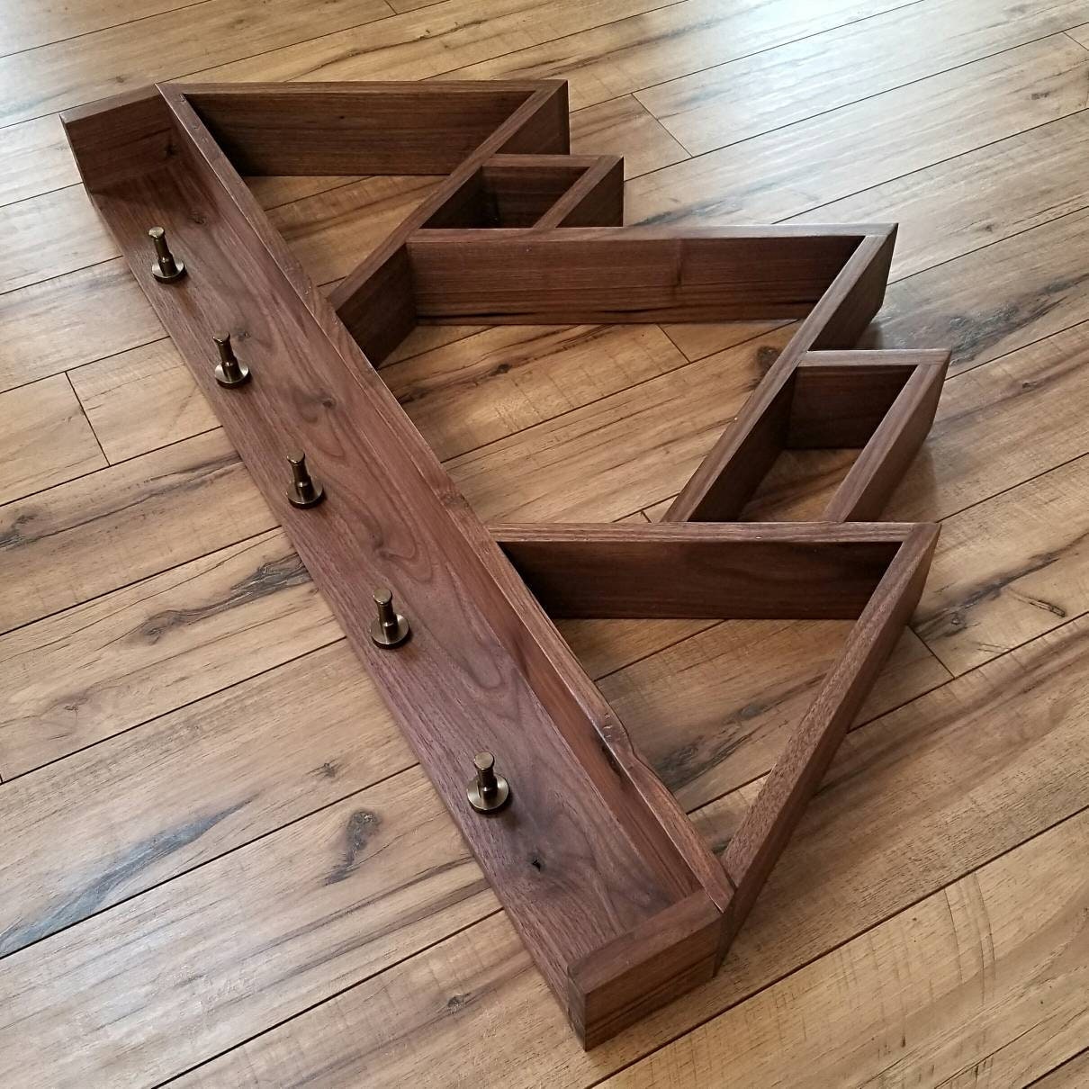 5 Peak Wood Mountain Shelf With Hanging Posts 42X24.5X3. Geometric Wall ...