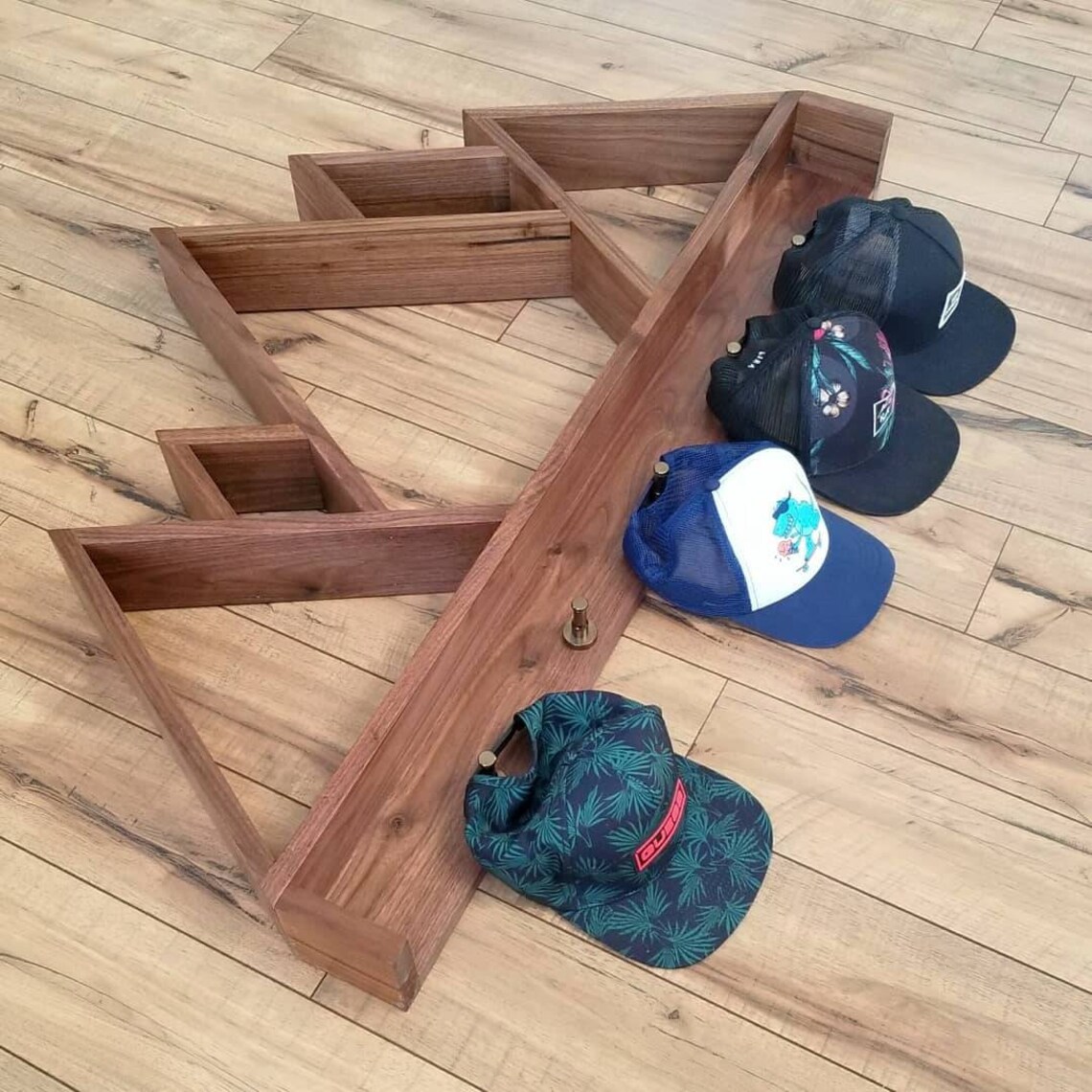 5 Peak Wood Mountain Shelf With Hanging Posts 42X24.5X3. Geometric Wall ...