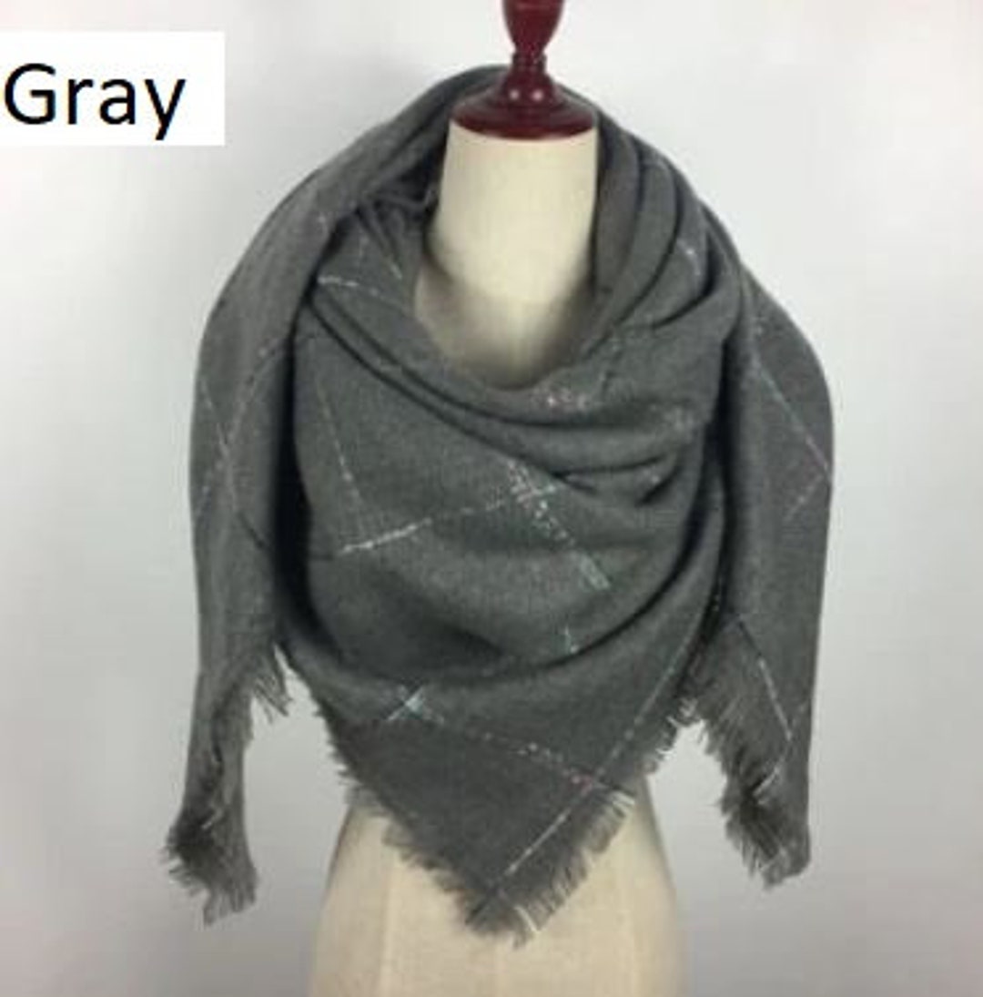 Gray Plaid Blanket Scarf, Tartan Muffler, Oversized, Soft Scarf, Boho ...