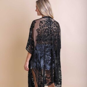 Black Lace Kimono Duster Beach Coverup for Women Swimsuit Kimono ...