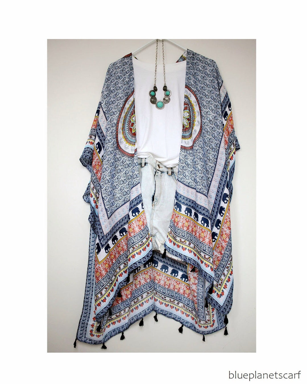 Kimono, Bohemian Blue Boho Mandala Duster Cardigan Duster, Summer Dress ...