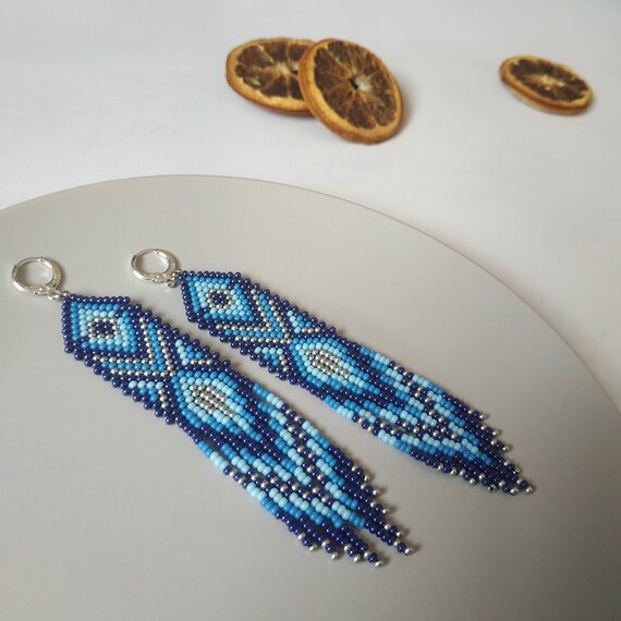 Dark blue fringe earrings Long navy blue beaded earrings | Etsy