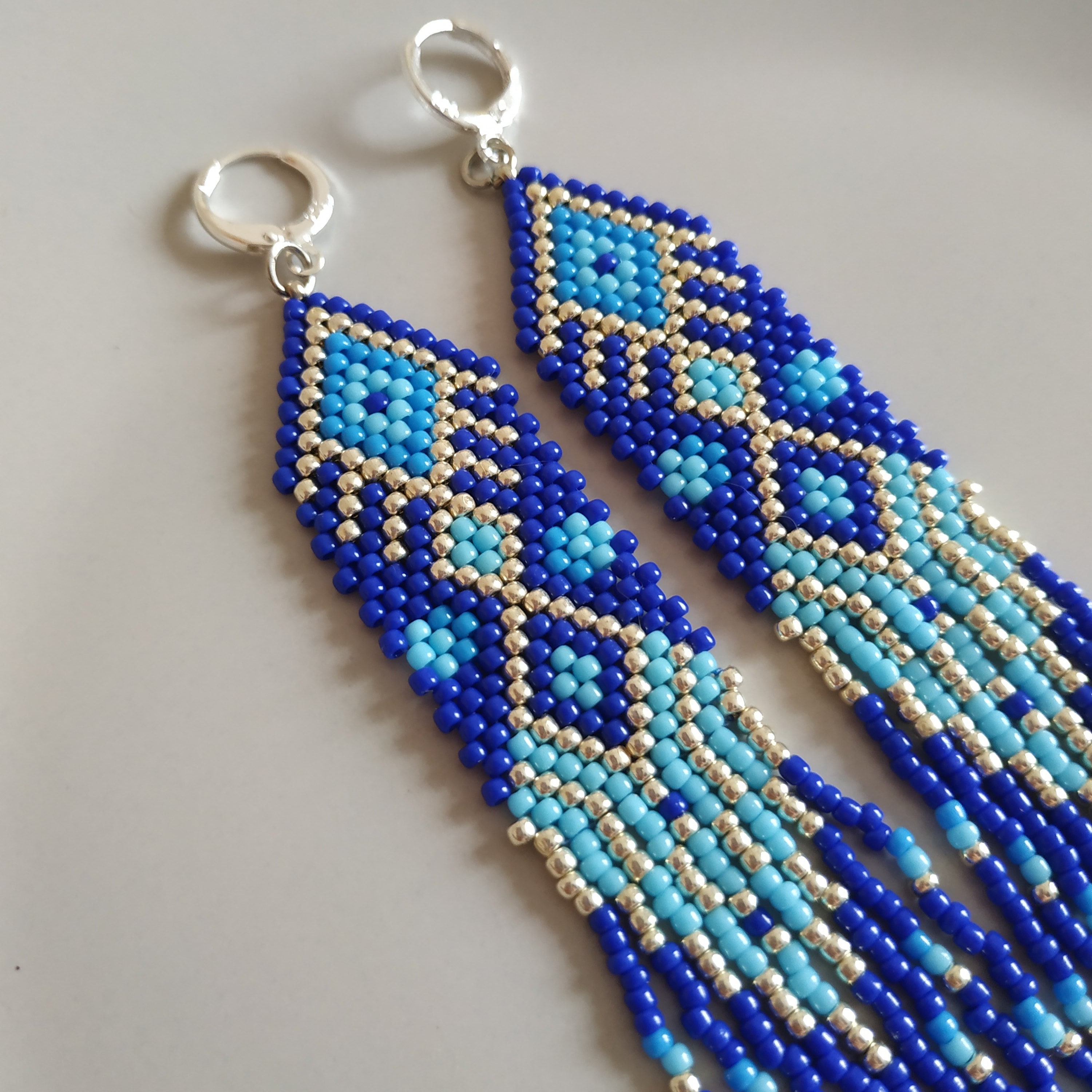 Blue beaded earrings. Long ornamental seed bead earrings. | Etsy Blue beaded earrings. Long ornamental seed bead earrings. | Etsy