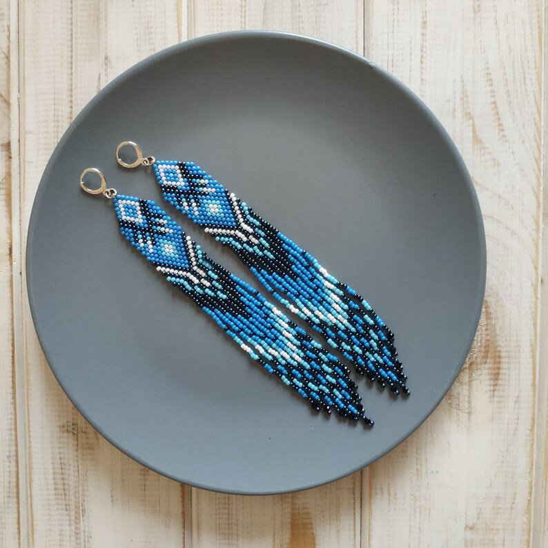 Dark Blue Seed Bead Earrings Super Long Beaded Earrings - Etsy