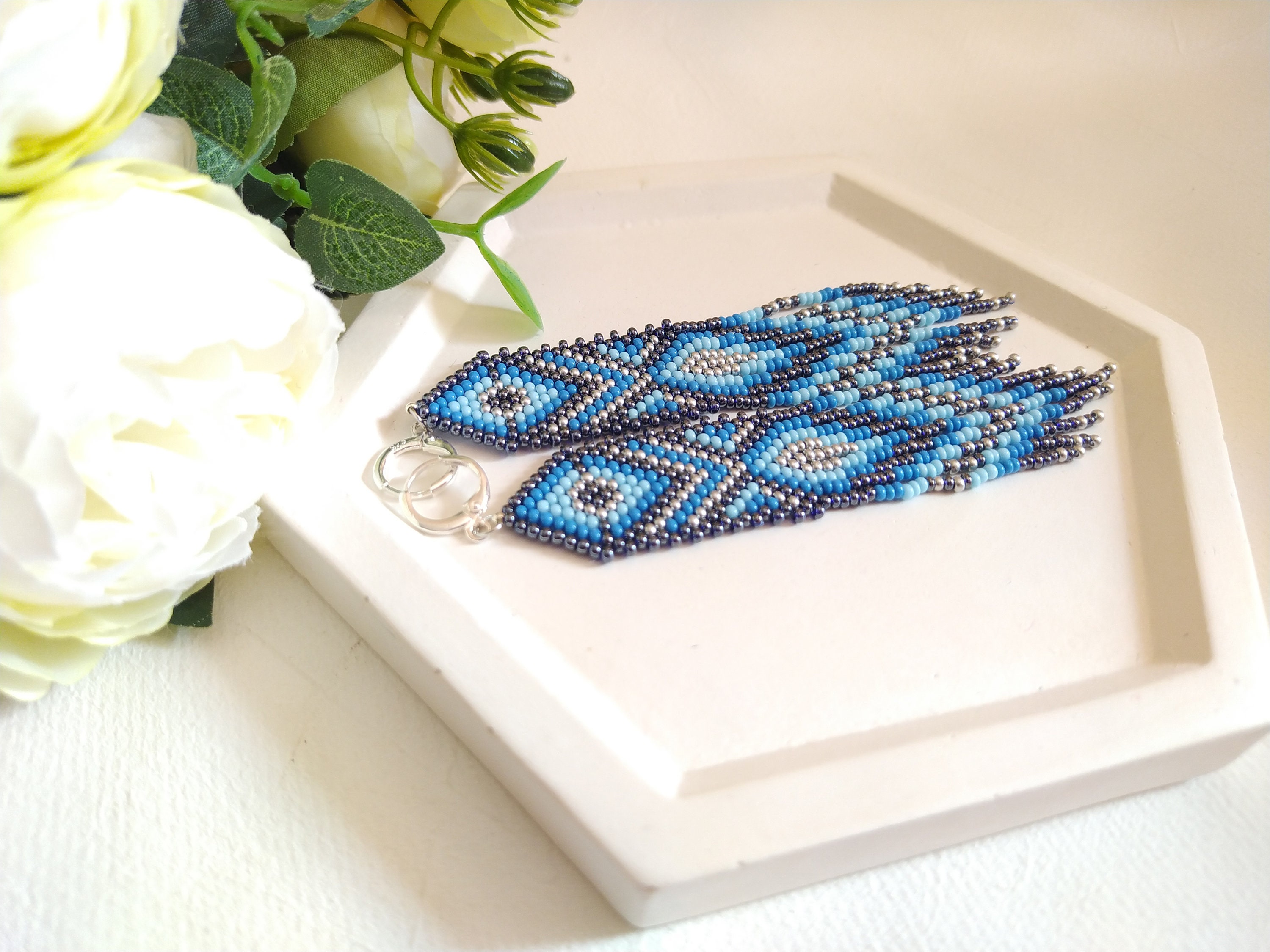 Dark Blue Fringe Earrings Long Navy Blue Beaded Earrings | Etsy