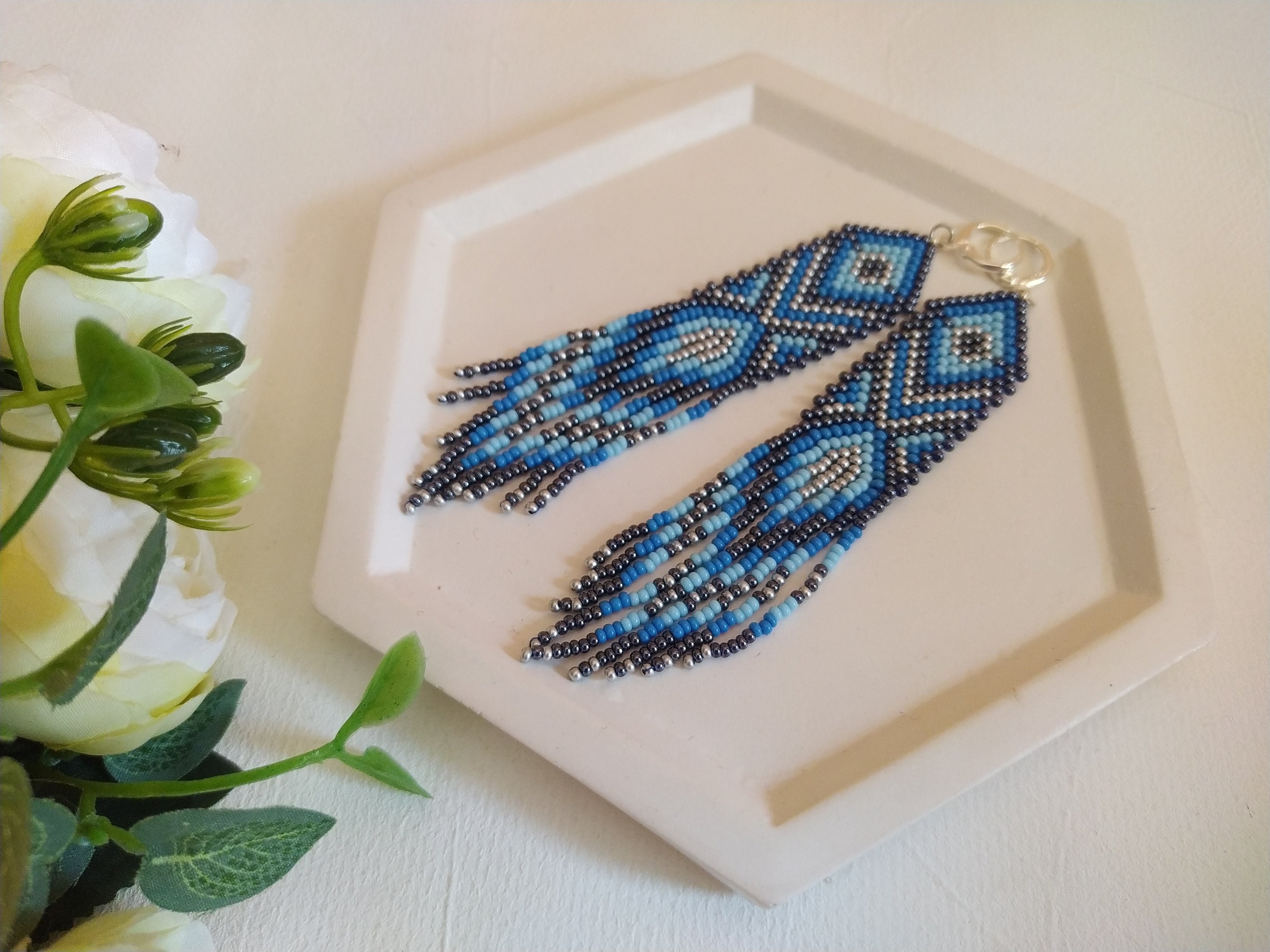 Dark Blue Fringe Earrings Long Navy Blue Beaded Earrings | Etsy