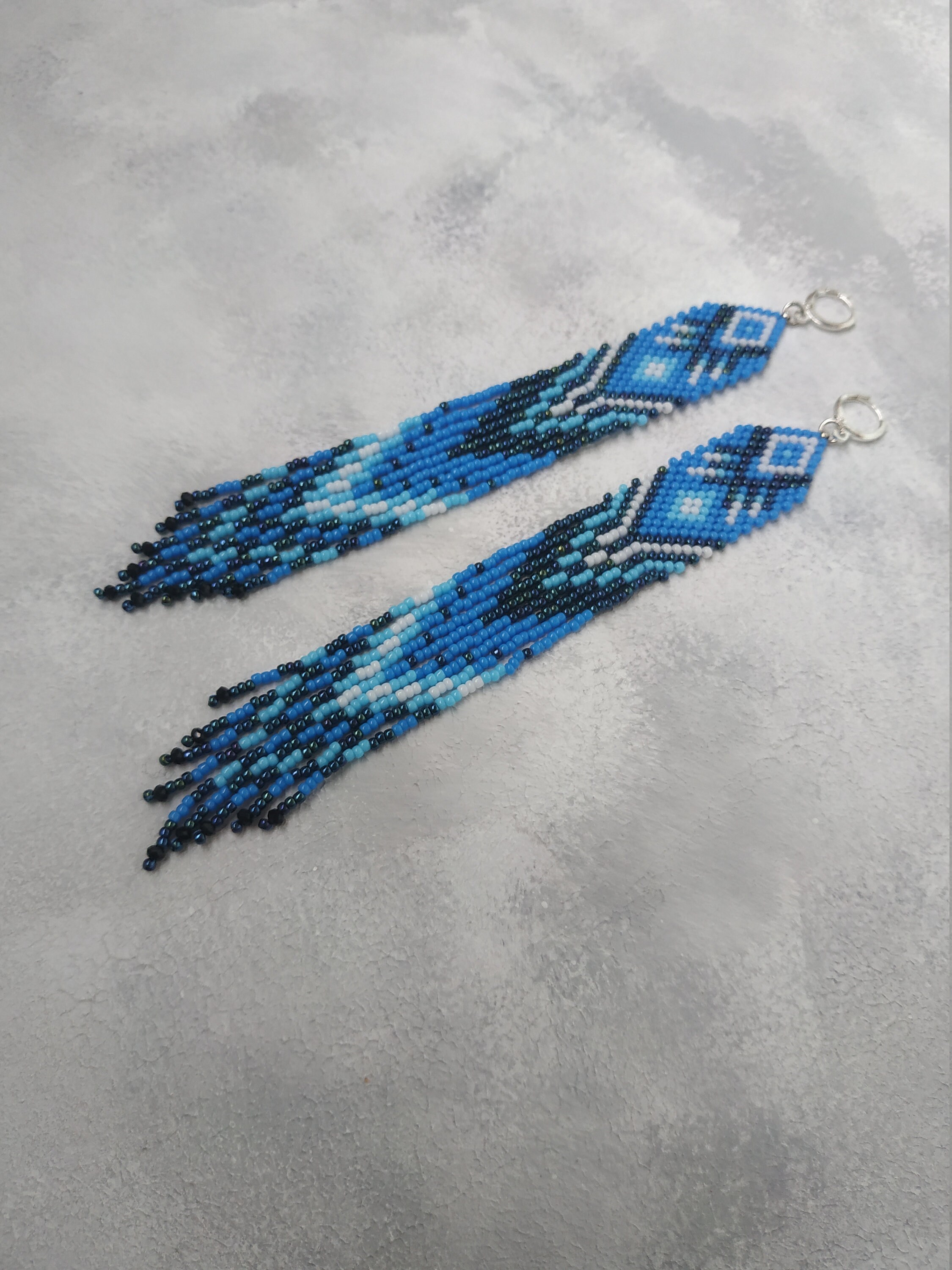 Dark Blue Seed Bead Earrings Super Long Beaded Earrings Etsy