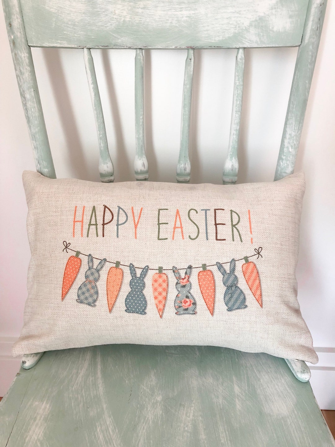 Happy Easter Bunting Bunny Pillow Cover - Easter Pillow Covers - Spring ...