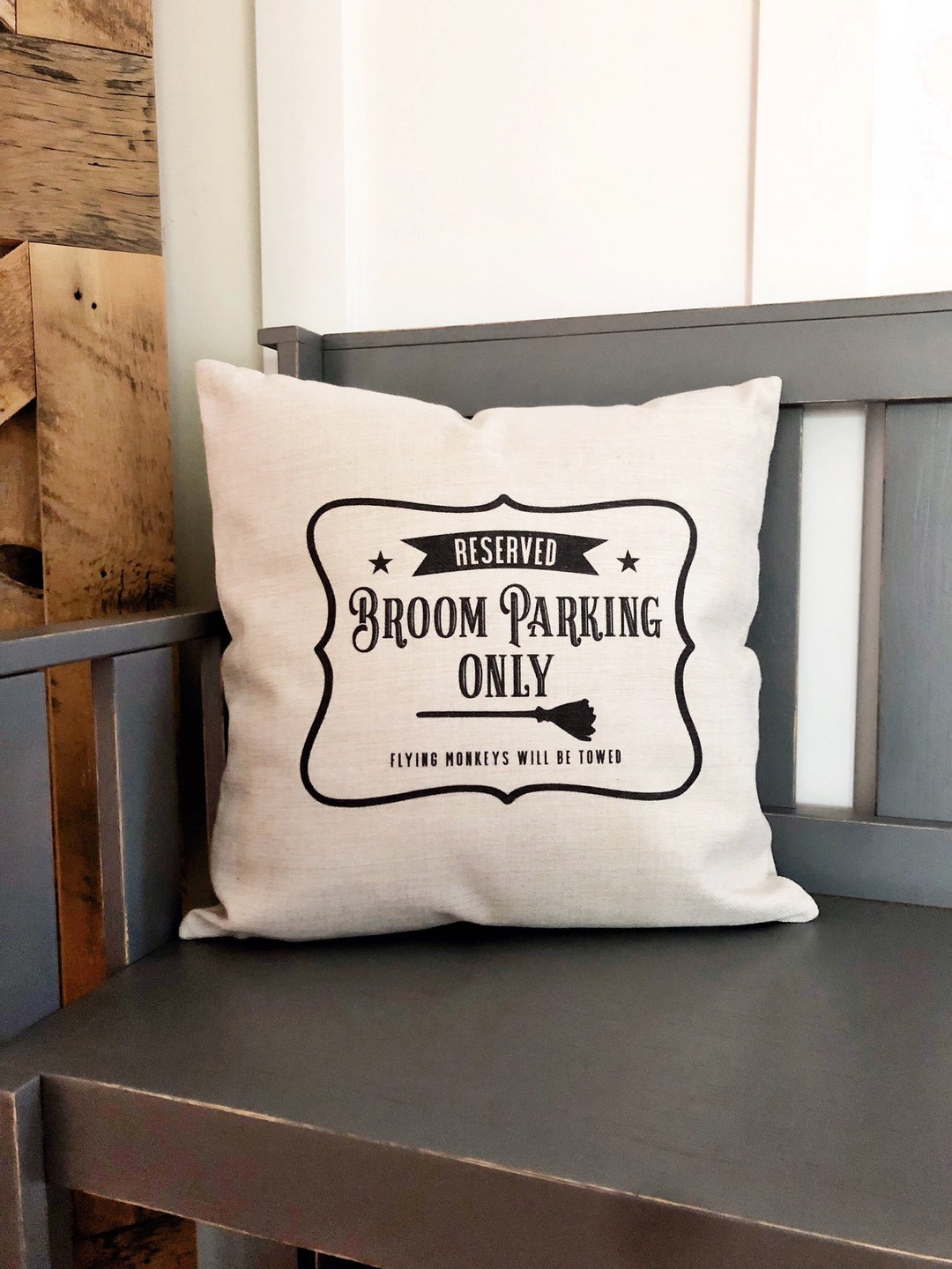 Broom Parking Only Halloween Linen Pillow Cover - Farmhouse Fall Decor ...