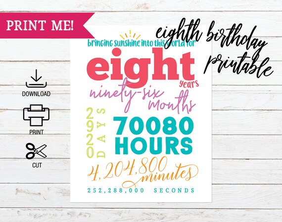 Printable Eighth Birthday Sign 8th Birthday Picture Prop | Etsy