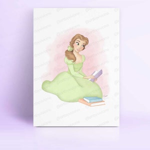 Princess Belle With Library Books in a Green Dress Illustration Fine ...