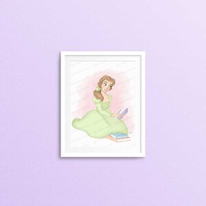 Princess Belle With Library Books in a Green Dress Illustration Fine ...